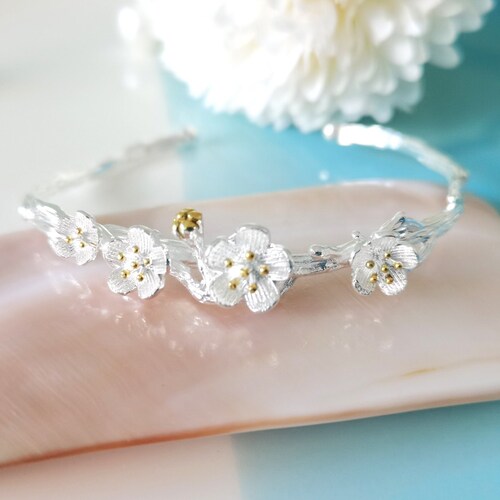 Silver Bracelet Poppy Adjustable Botanical Bangle Elven Cuff - Etsy