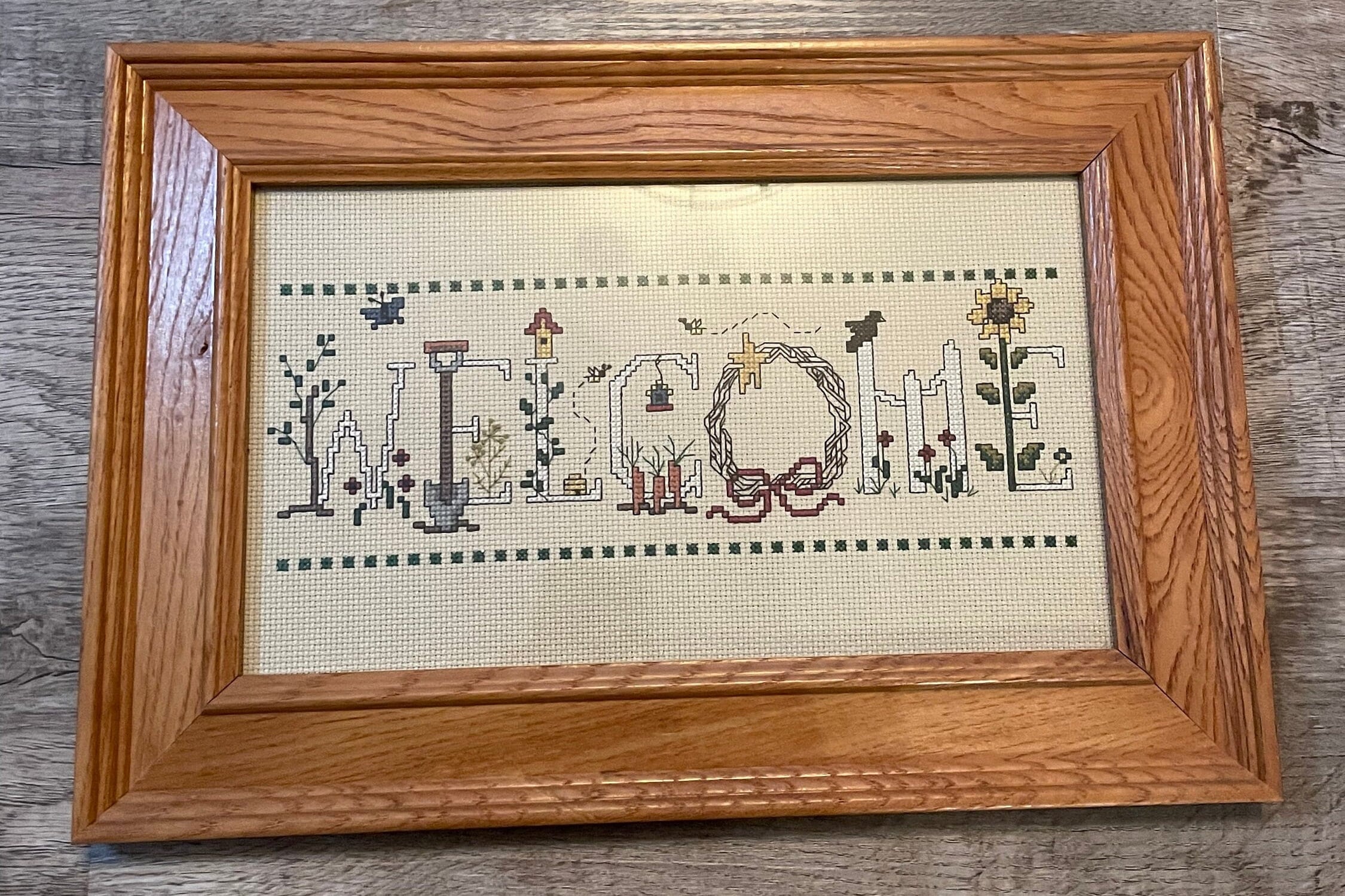 Vintage Framed Finished Cross Stitch Stitchery Welcome Sign Picture ...