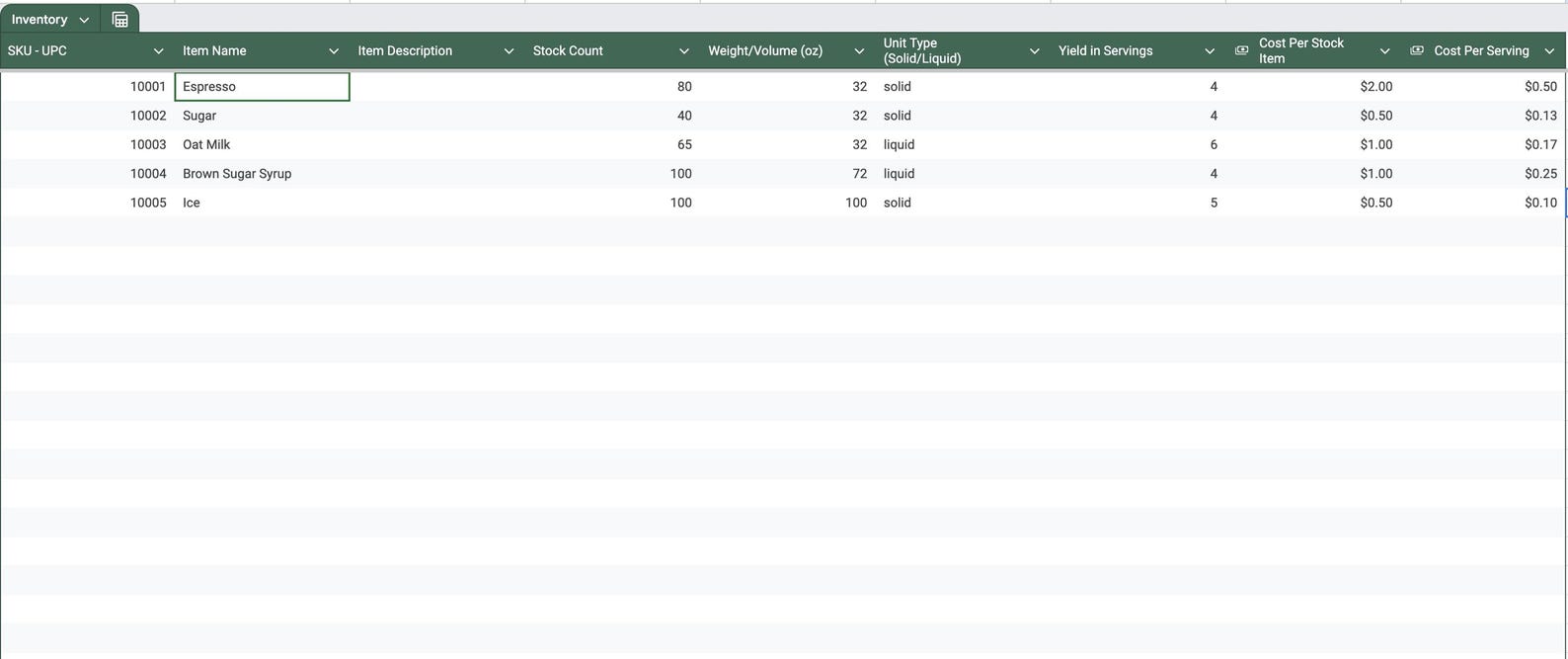 Essential Coffee Shop Inventory Template | Excel & Google Sheets ...