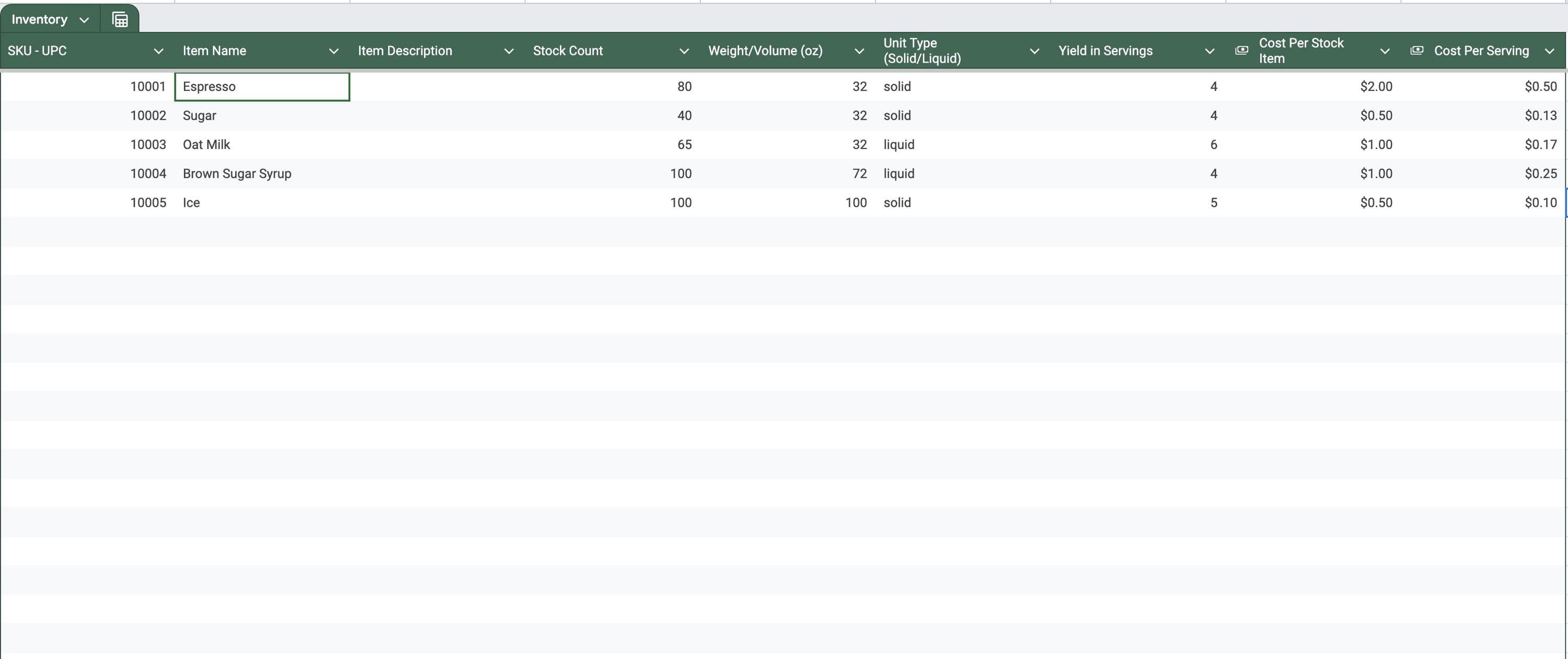Essential Coffee Shop Inventory Template | Excel & Google Sheets ...