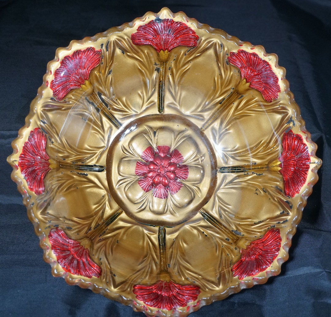 Goofus Glass Early 1900's Antique Goofus Glass Bowl 9" Red Carnation on ...