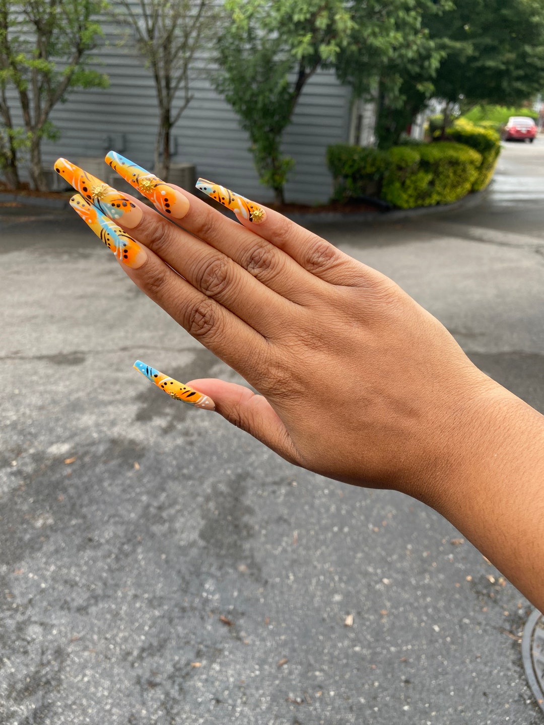 90s Press on Nails | 90s Nails | Orange and Blue Nails - Etsy