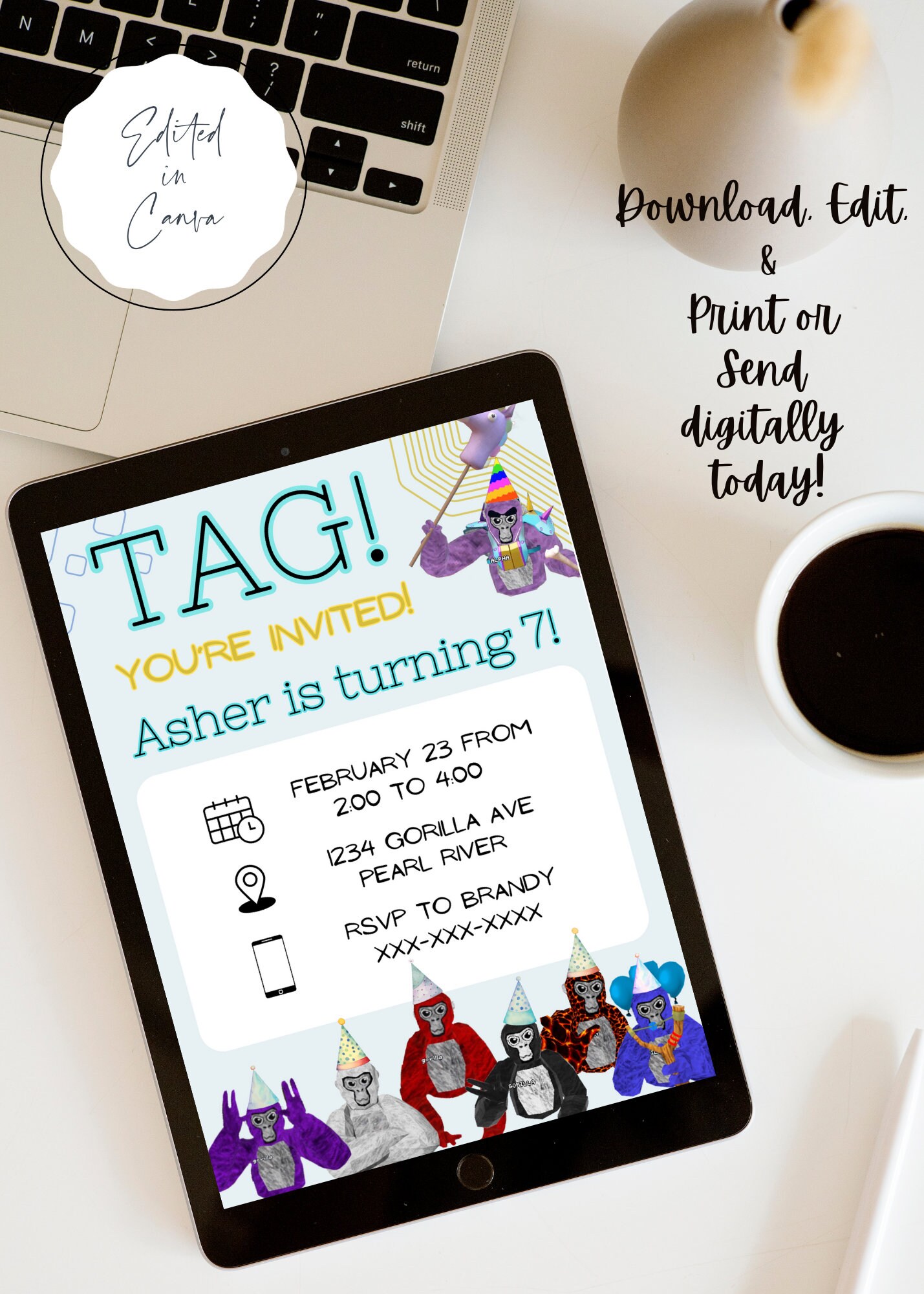 Gorilla Tag Party. Invitation. VR. Birthday. Digital Invitation ...