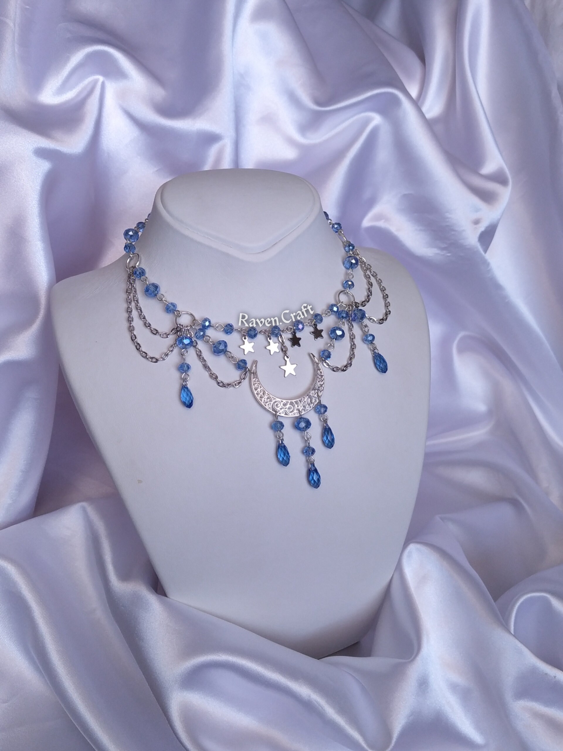 Blue Crystal Moon Star Necklace, Celestial Teardrop Beaded Choker ...