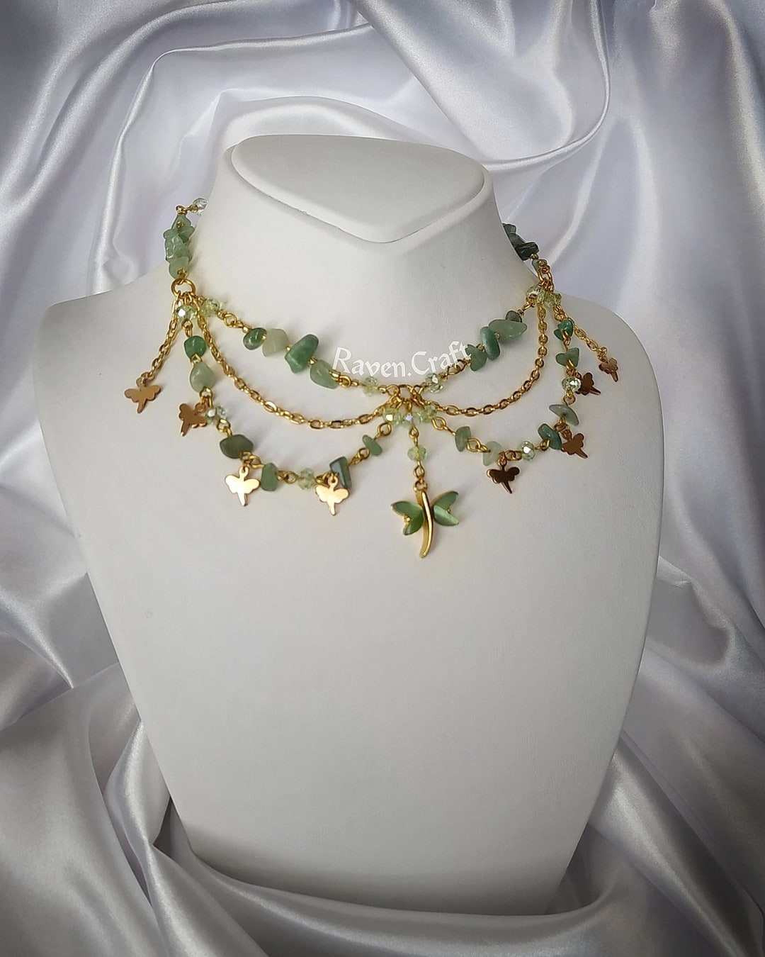 Cottagecore Green Aventurine Dragonfly Necklace, Gold Charm & Pendant ...