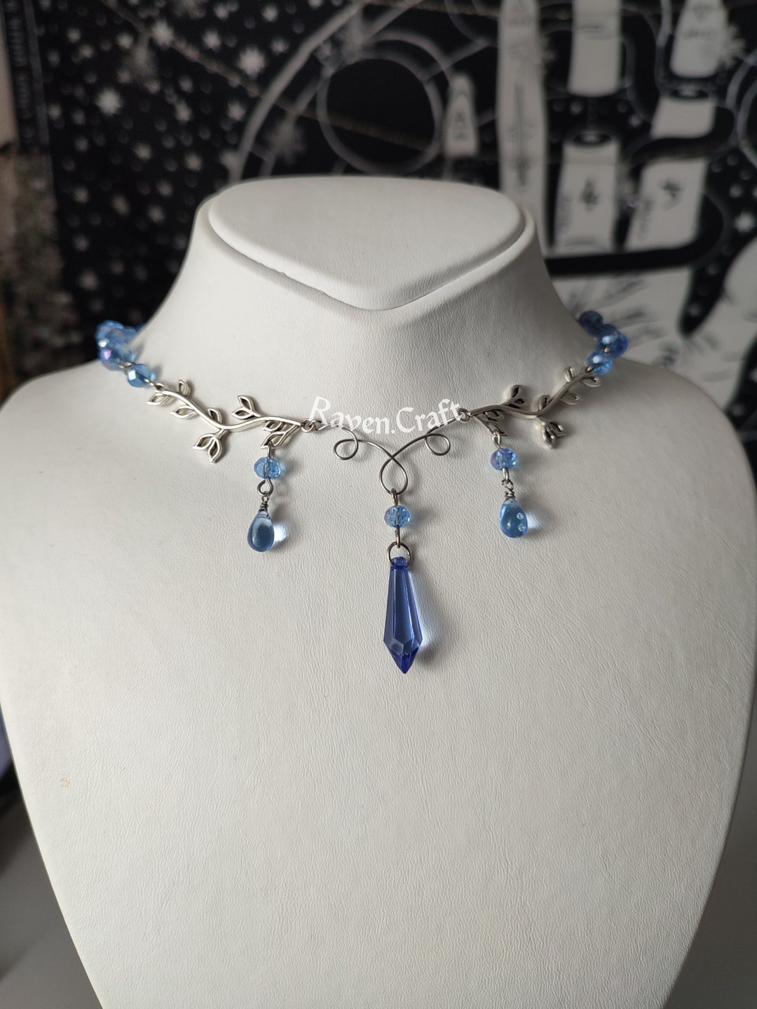 Blue Elven Necklace, Stainless Steel Fairycore Jewelry, Shiny Crystal ...