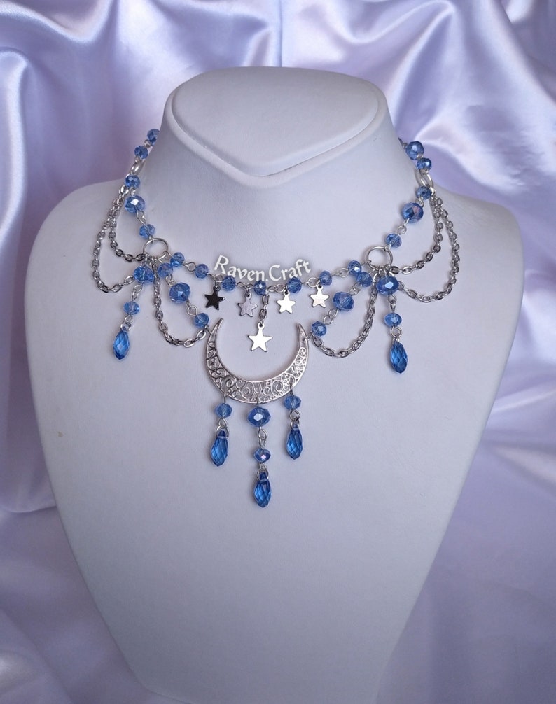 Blue Crystal Moon Star Necklace, Celestial Teardrop Beaded Choker ...