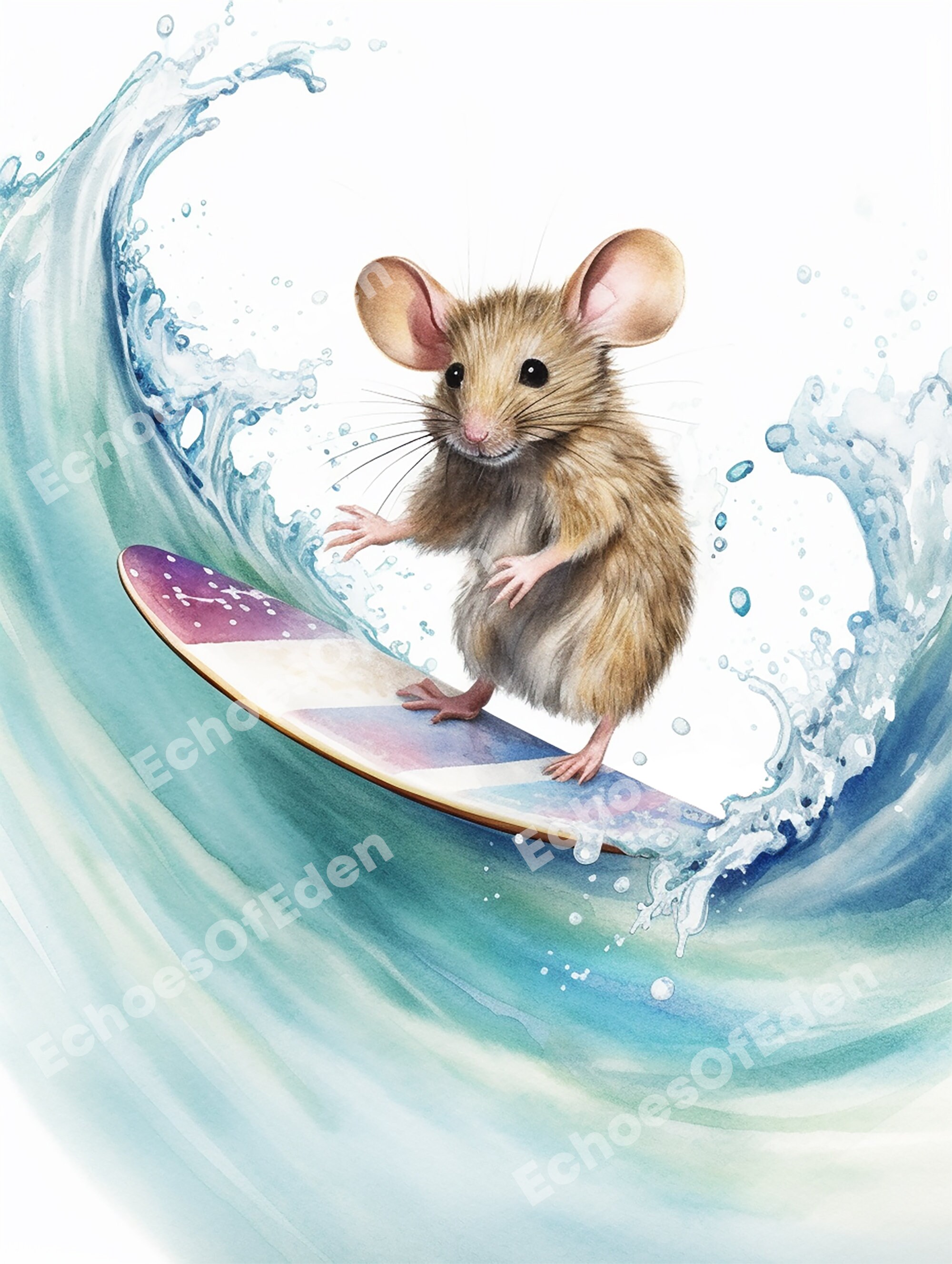 Cute Little Mouse Surfing Watercolor Illustration 7 Images Commercial ...