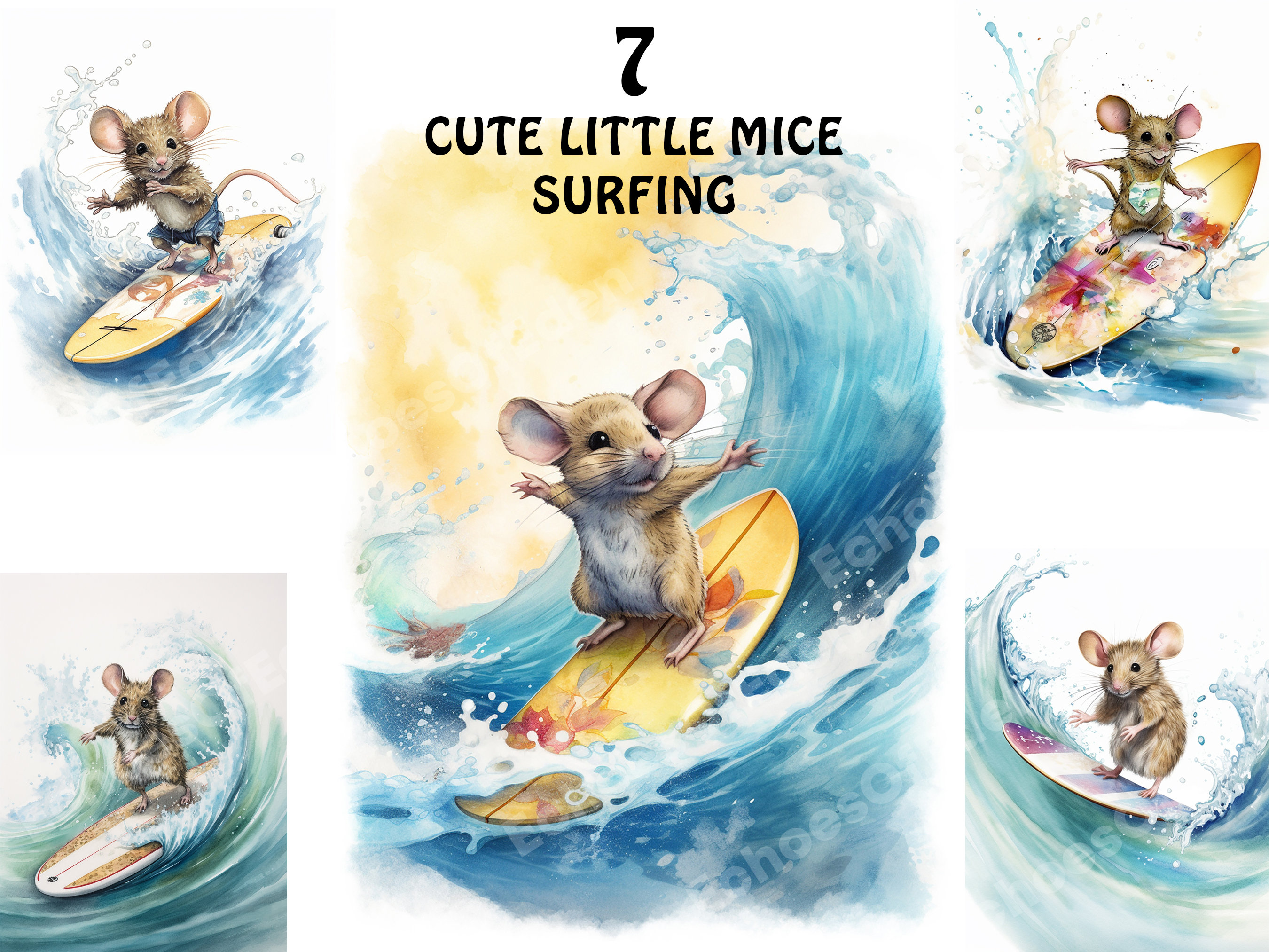 Cute Little Mouse Surfing Watercolor Illustration 7 Images Commercial ...