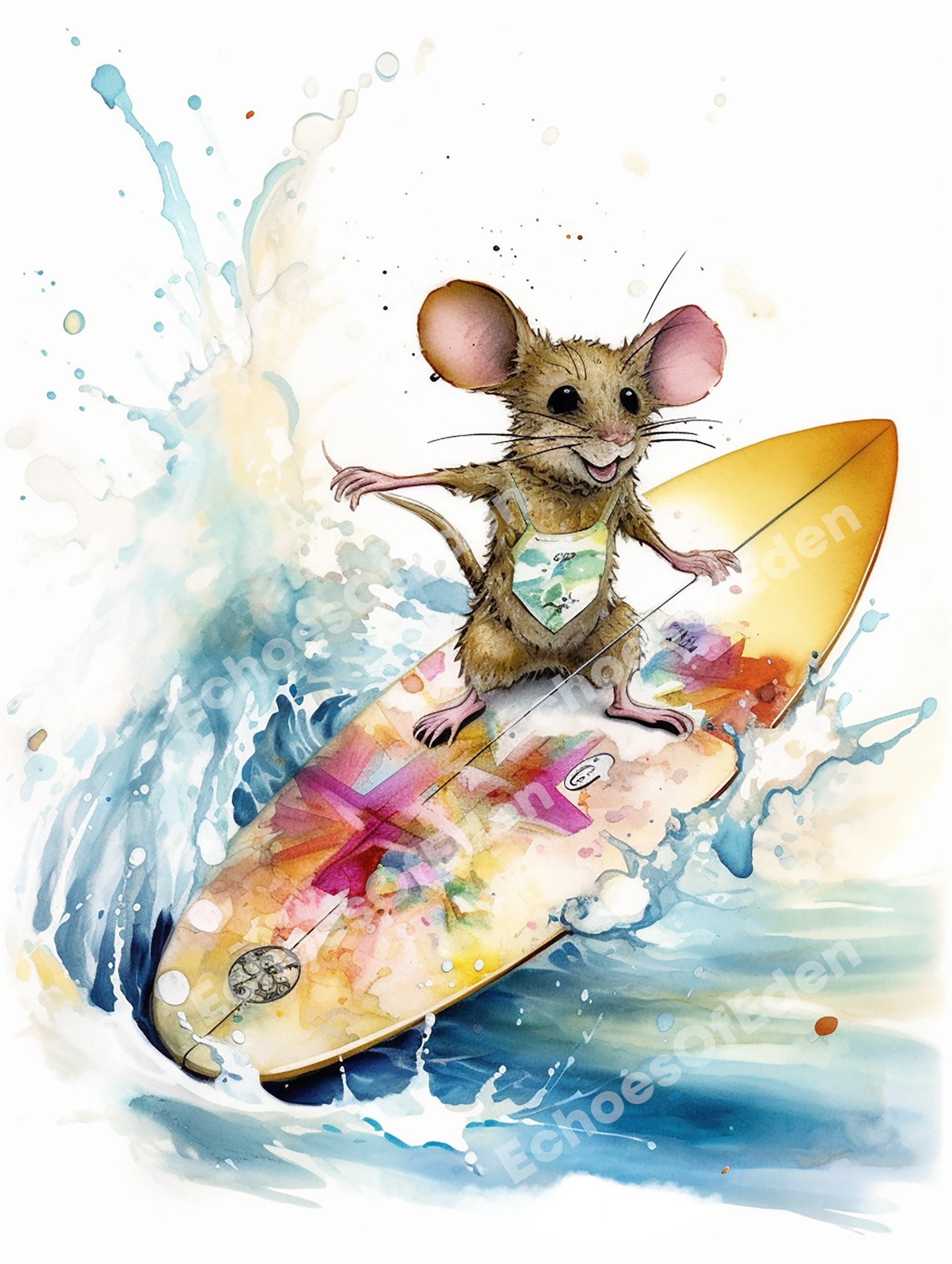 Cute Little Mouse Surfing Watercolor Illustration 7 Images Commercial ...