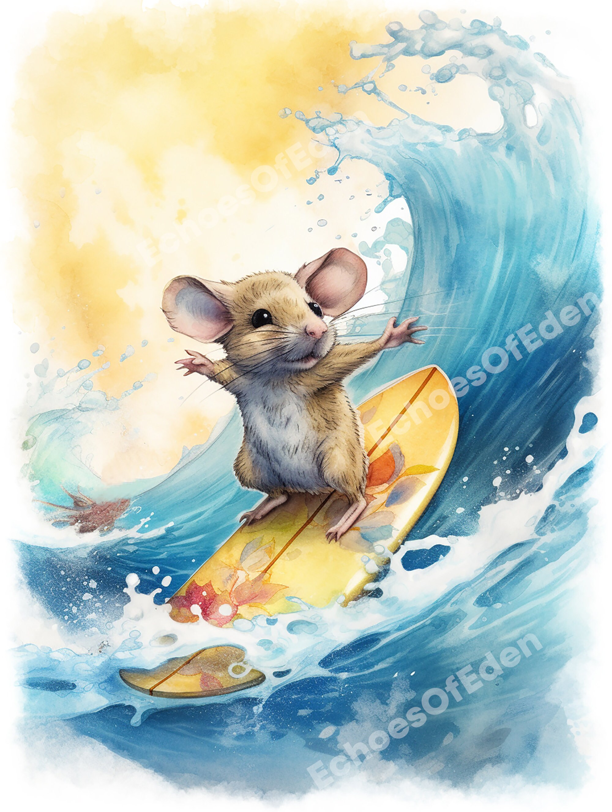 Cute Little Mouse Surfing Watercolor Illustration 7 Images Commercial ...