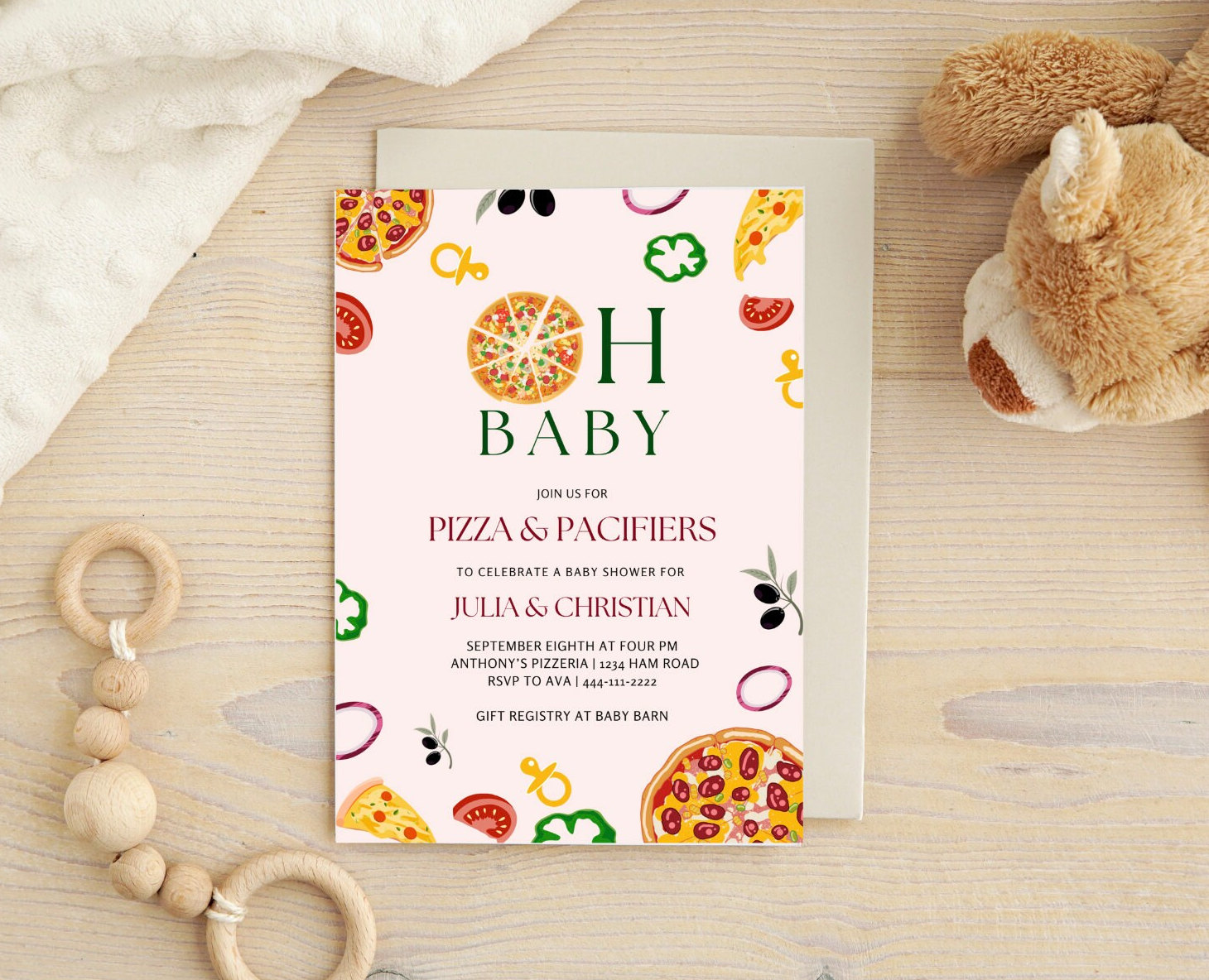 Pizza and Pacifiers Baby Shower Invitation Pizza Theme Gender Neutral ...