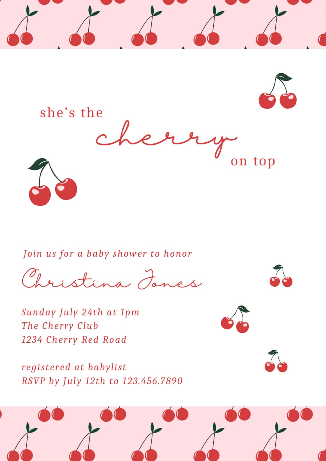 Cherry on Top Baby Shower Invitation Girl Cherry Theme Pink and Red ...