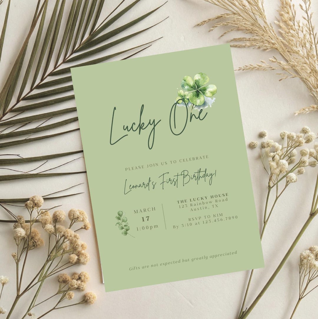 Lucky One Birthday Party Invitation Four Leaf Clover First Year Gender ...