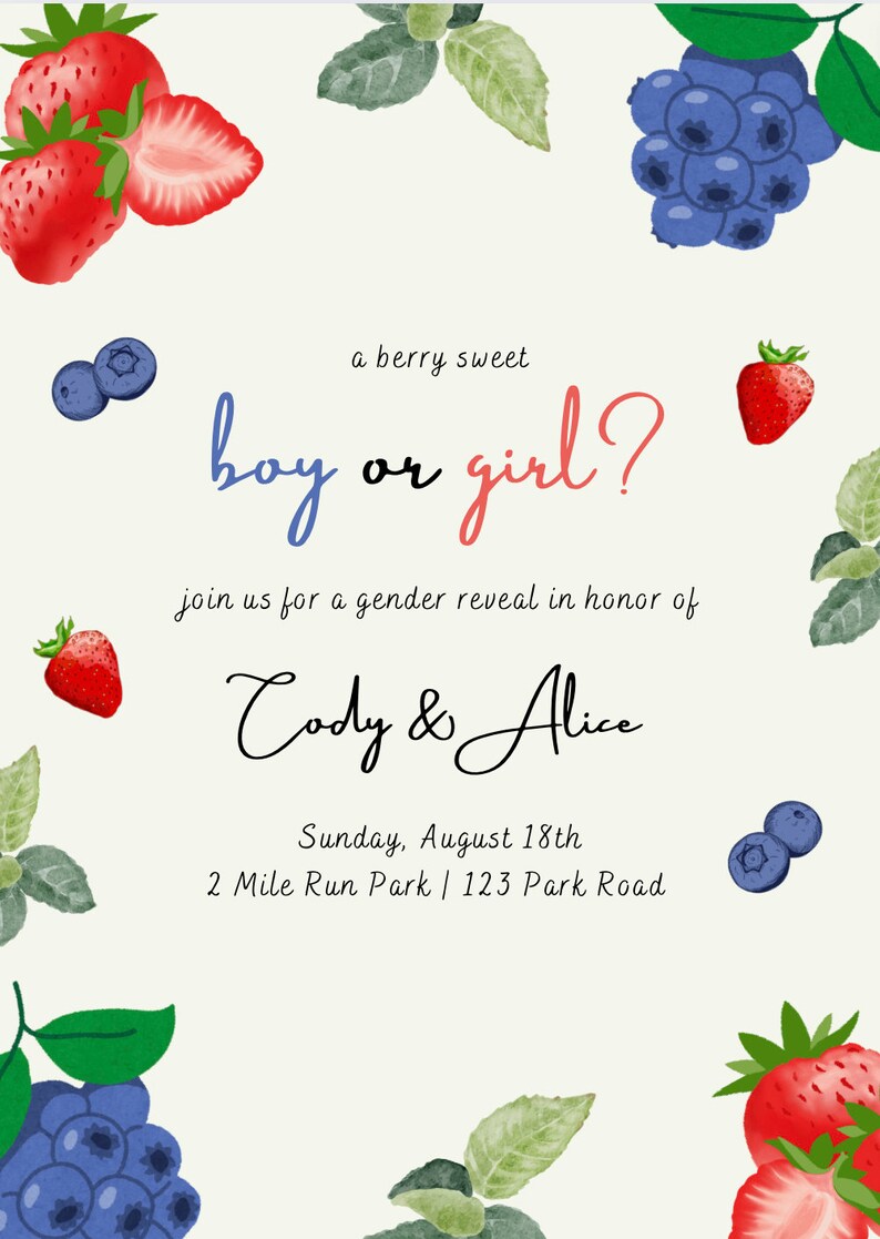 A Berry Sweet Boy or Girl Gender Reveal Invitation Digital Download ...