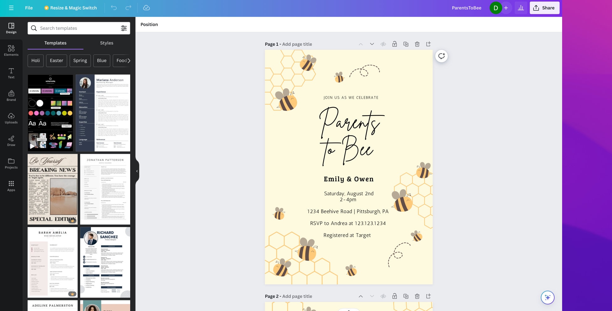 Parents to Bee Baby Shower Invitation Yellow Black Spring Summer Joint ...