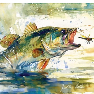 Largemouth Bass Print for Men, Angler Bass Fishing Art, Watercolor ...