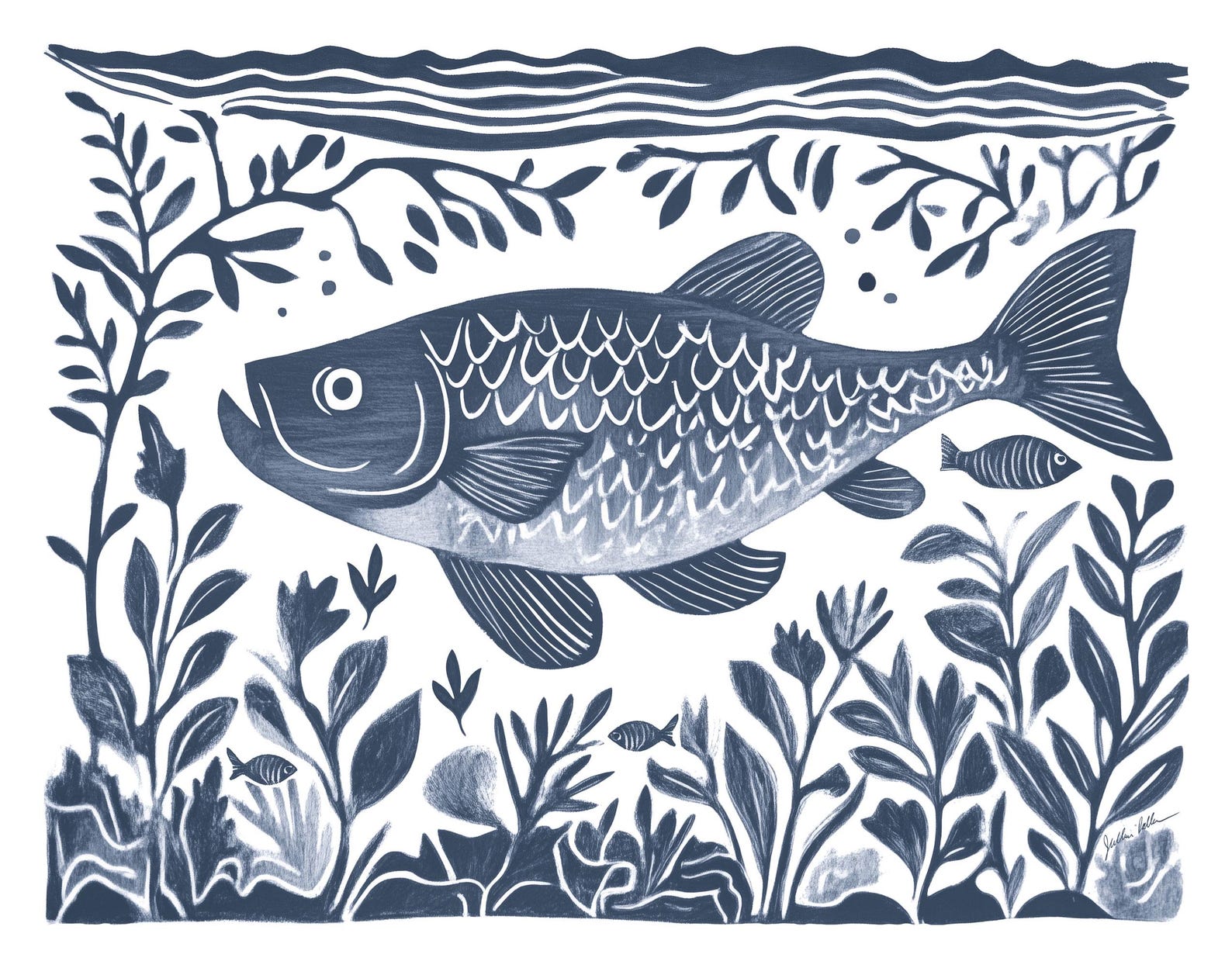 Navy Blue Fish Watercolor Print, Bass Carp Wall Art Painting, Linocut ...