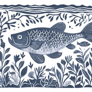 Navy Blue Fish Watercolor Print, Bass Carp Wall Art Painting, Linocut ...