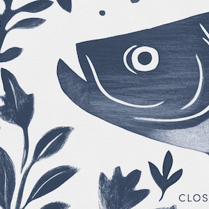 Navy Blue Fish Watercolor Print, Bass Carp Wall Art Painting, Linocut ...