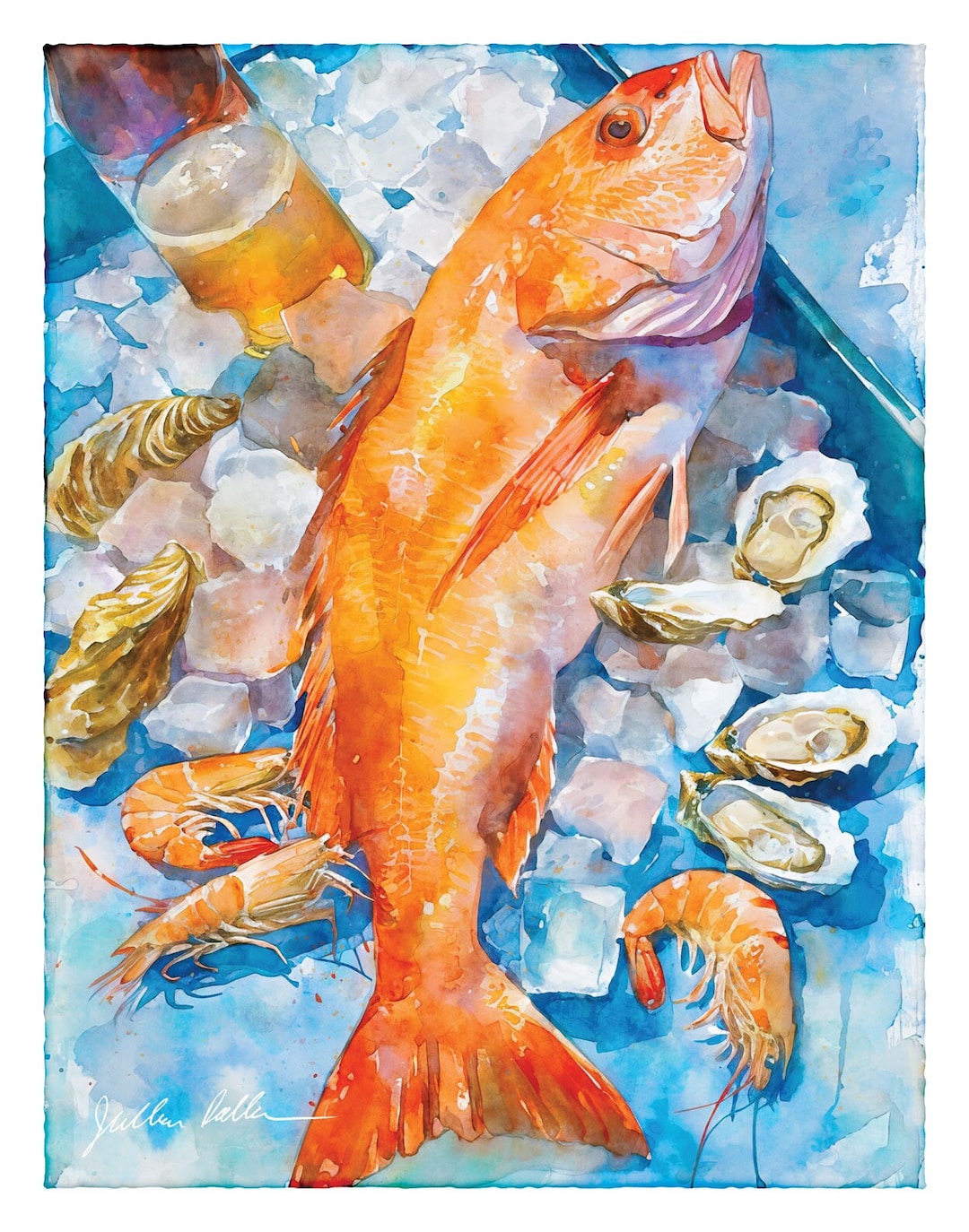Seafood Art for Kitchen, Watercolor Gulf Coast Painting, Salt Water ...