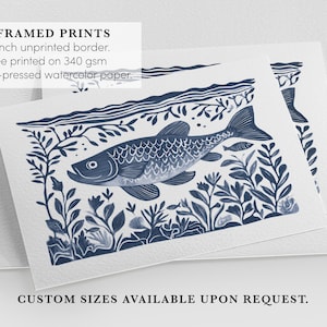 Navy Blue Fish Watercolor Print, Bass Carp Wall Art Painting, Linocut ...