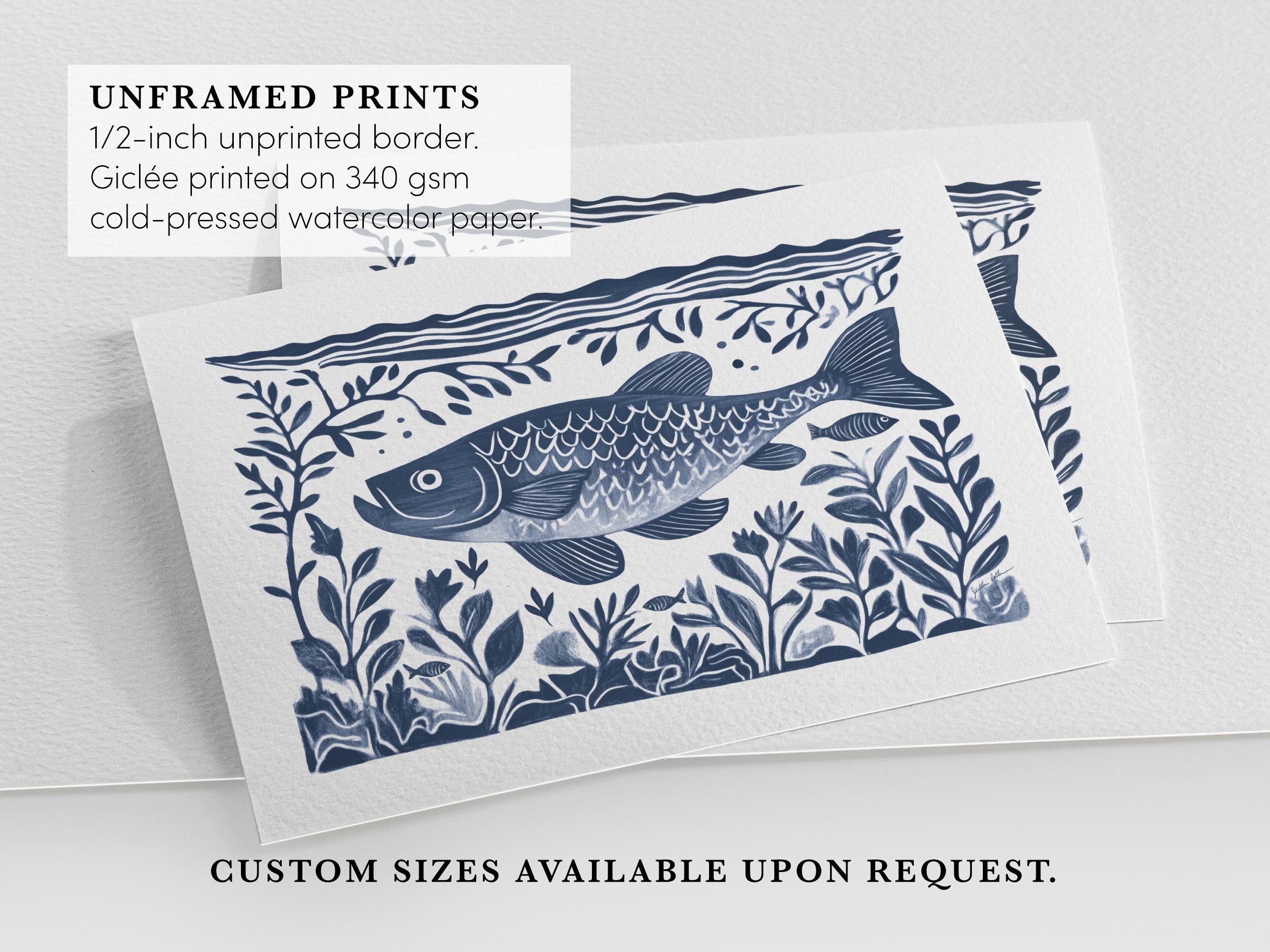 Navy Blue Fish Watercolor Print, Bass Carp Wall Art Painting, Linocut ...