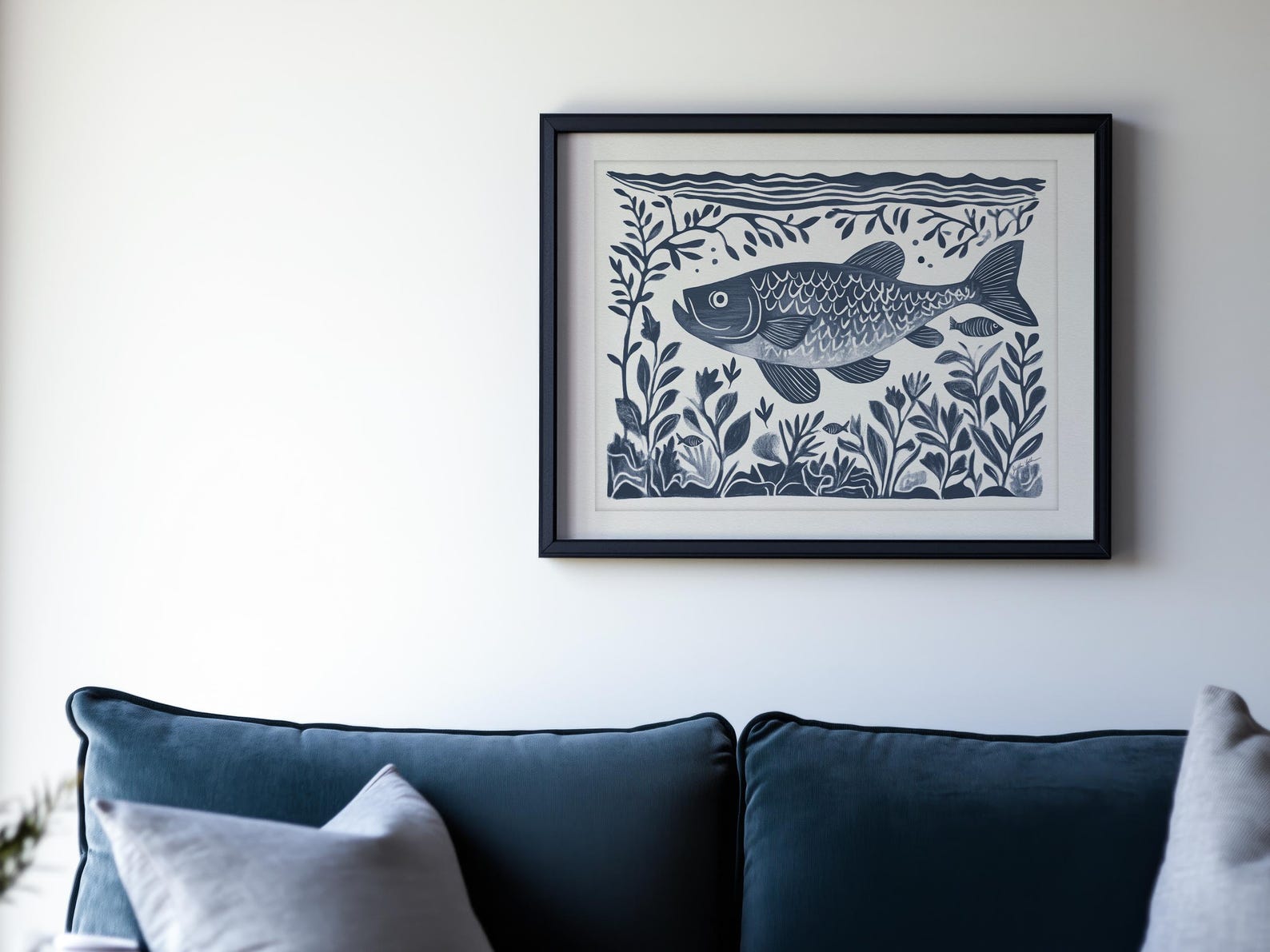 Navy Blue Fish Watercolor Print, Bass Carp Wall Art Painting, Linocut ...