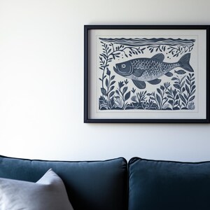 Navy Blue Fish Watercolor Print, Bass Carp Wall Art Painting, Linocut ...