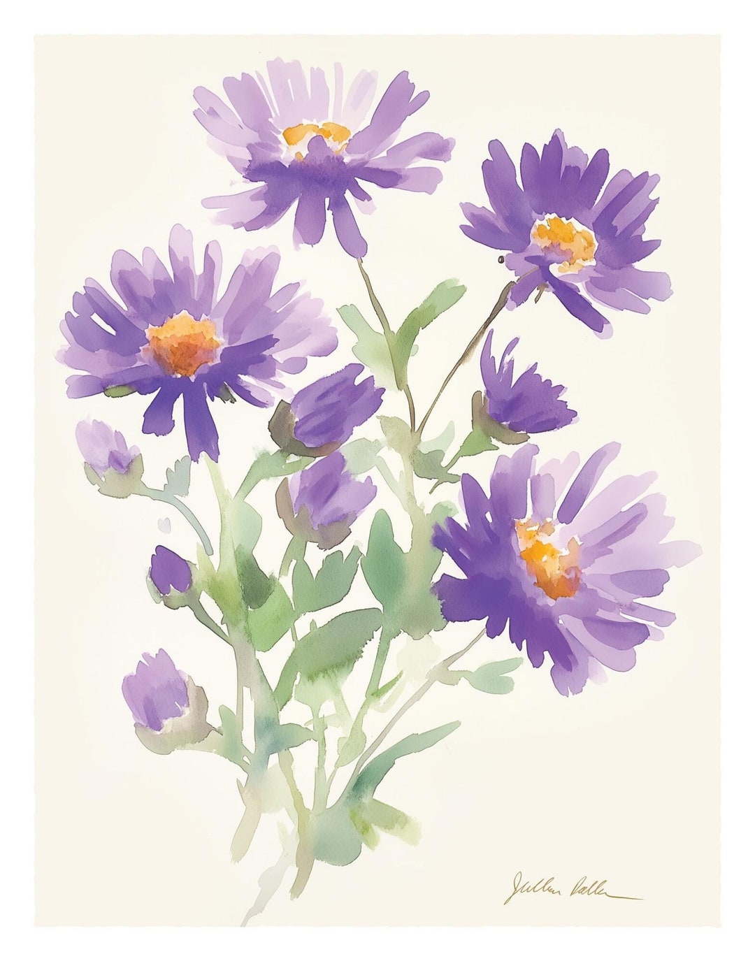 Aster Flower Watercolor Wall Art, September Birth Month Flower Print ...