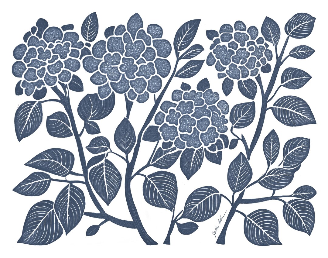 Blue Hydrangeas Watercolor Print, Floral Wall Art Painting, Linocut ...