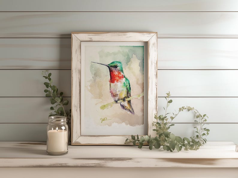 Hummingbird Watercolor Art, Ruby Throated Hummingbird Painting, Bird ...