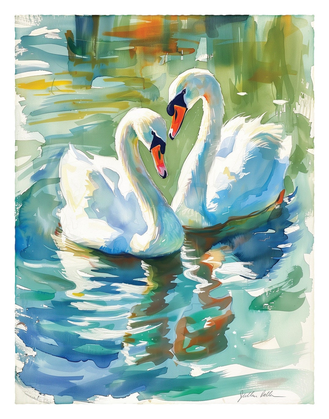Swan Print for Nursery, Impressionist Watercolor Painting for Mom, Two ...