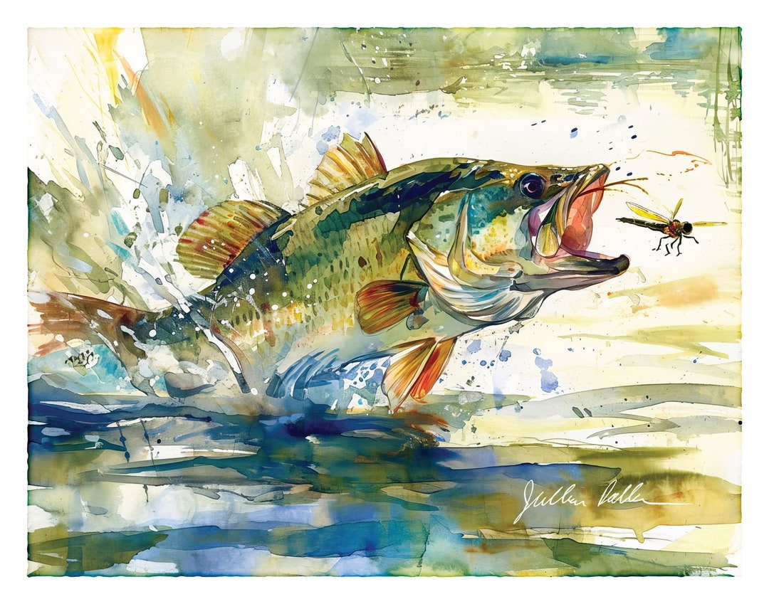 Largemouth Bass Print for Men, Angler Bass Fishing Art, Watercolor ...