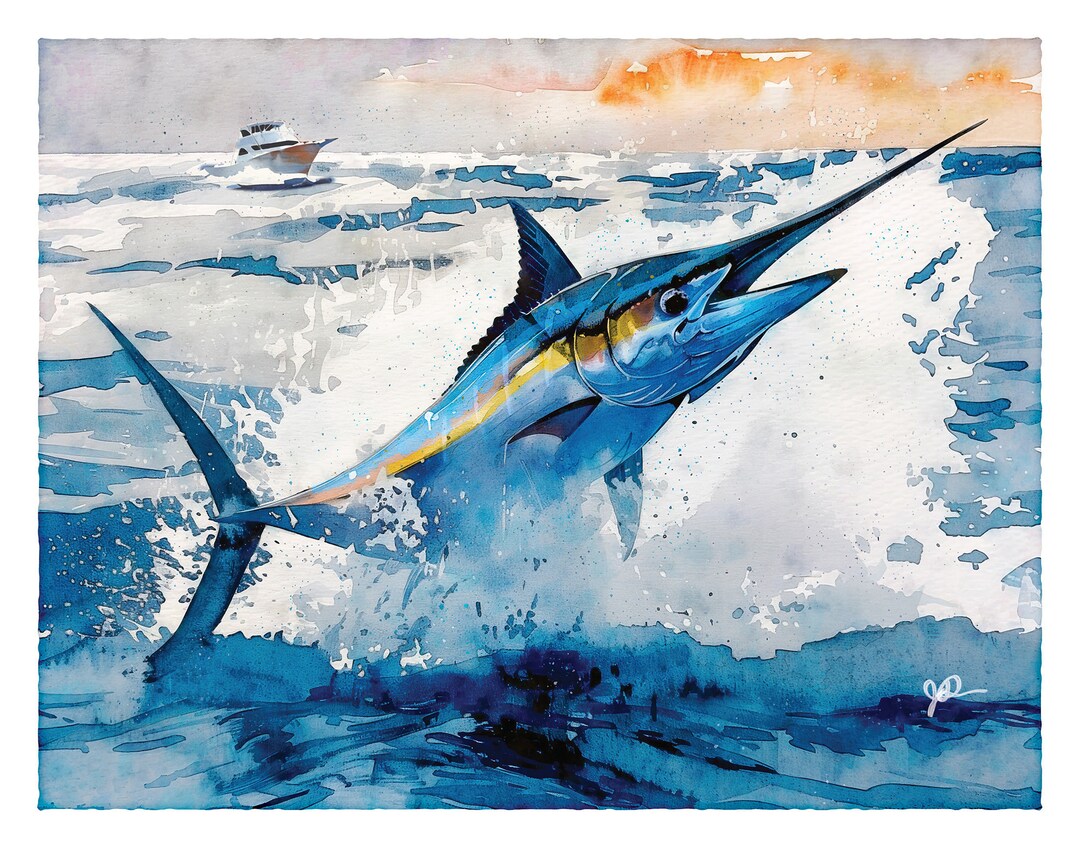 Blue Marlin Print for Him, Fathers Day Fishing Gift Watercolor Painting ...
