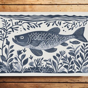 Navy Blue Fish Watercolor Print, Bass Carp Wall Art Painting, Linocut ...