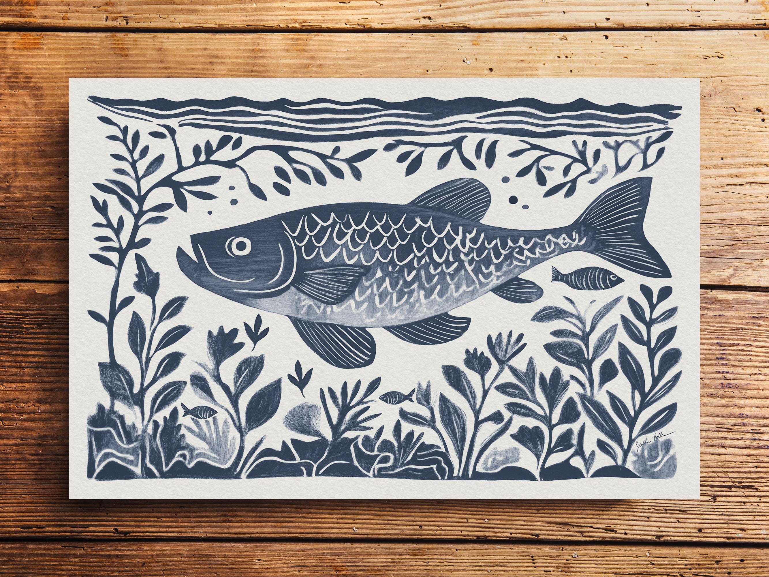 Navy Blue Fish Watercolor Print, Bass Carp Wall Art Painting, Linocut ...
