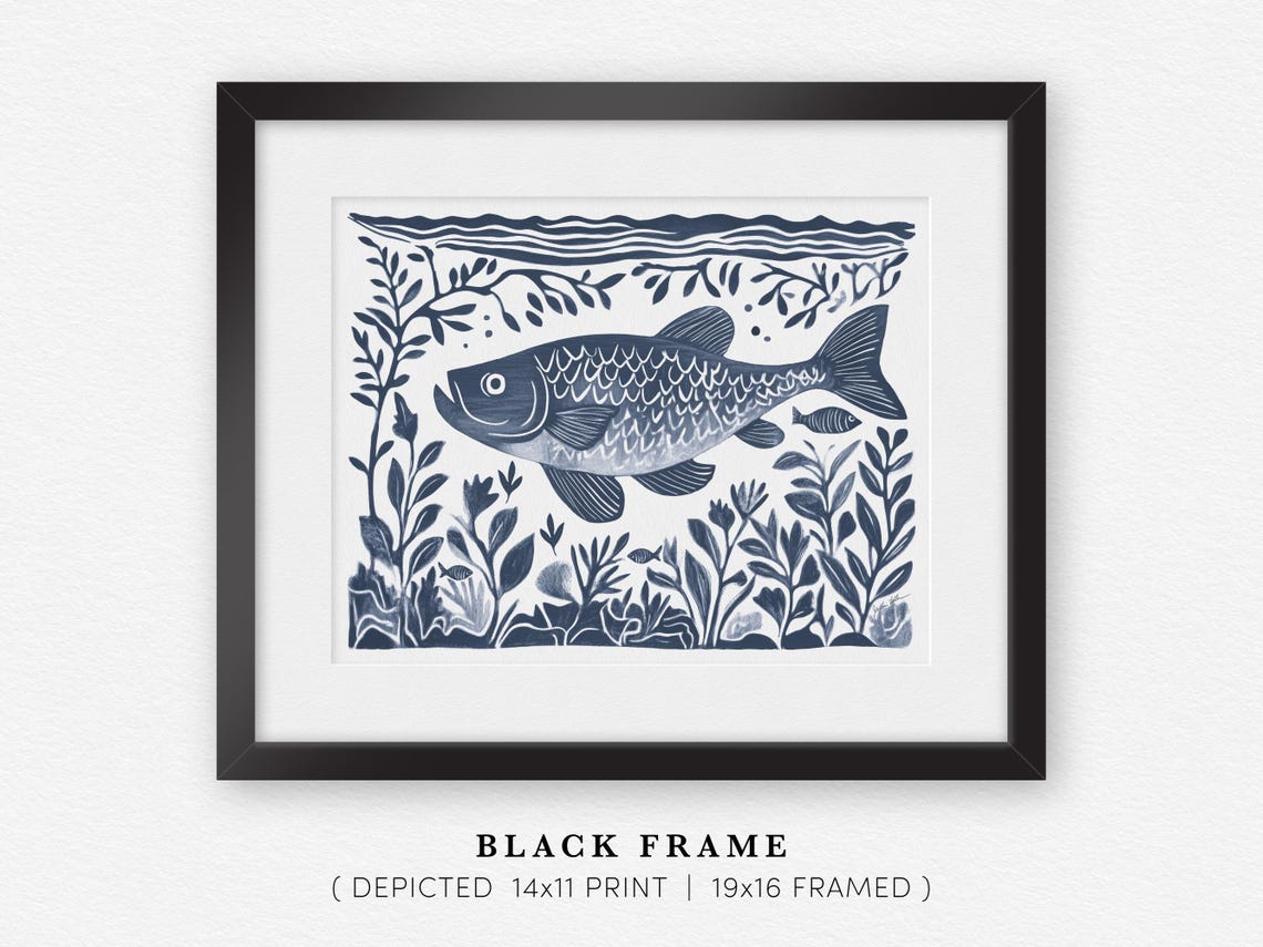Navy Blue Fish Watercolor Print, Bass Carp Wall Art Painting, Linocut ...
