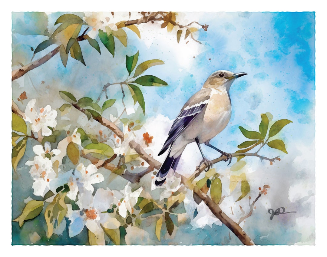 Watercolor Mockingbird Print, Mockingbird Art, Magnolia Tree Wildlife ...