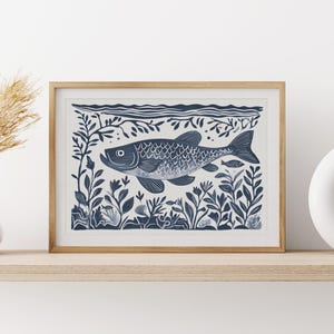 Navy Blue Fish Watercolor Print, Bass Carp Wall Art Painting, Linocut ...