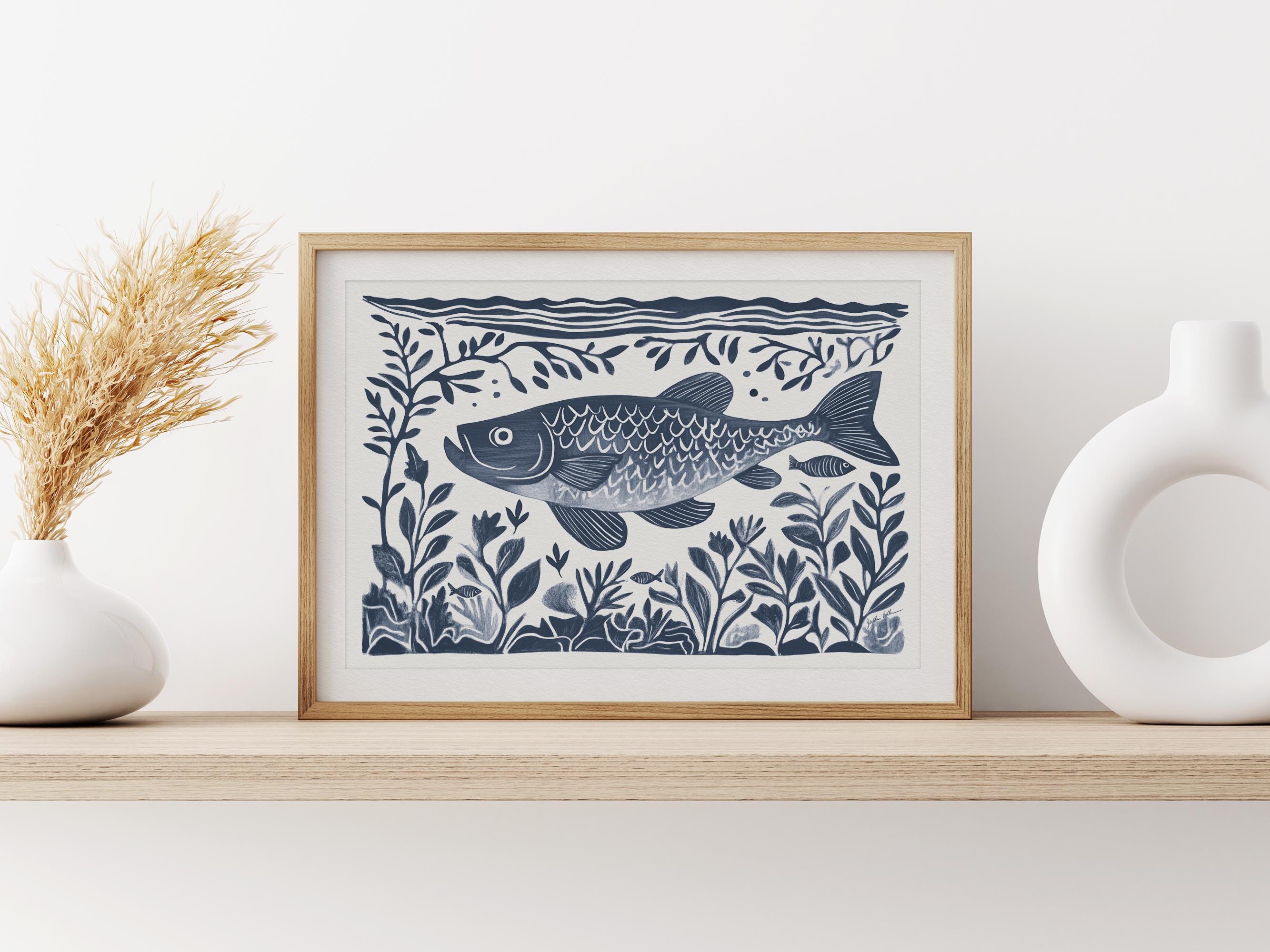 Navy Blue Fish Watercolor Print, Bass Carp Wall Art Painting, Linocut ...