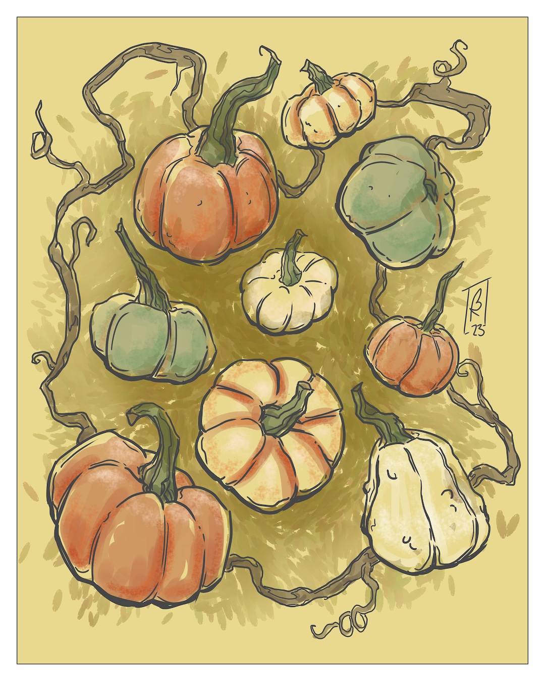 Pumpkins and Gourds Art Print | Autumn Digital Download Printable ...