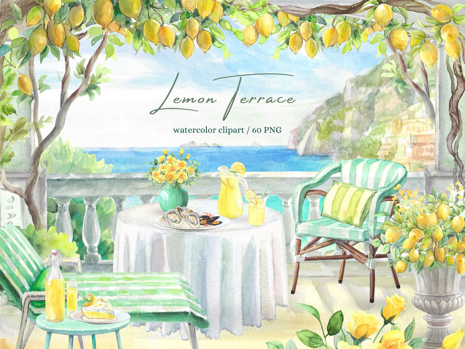 Lemon Watercolor Clipart, Amalfi Lemon Terrace, Lemon Vine, Lemonade ...