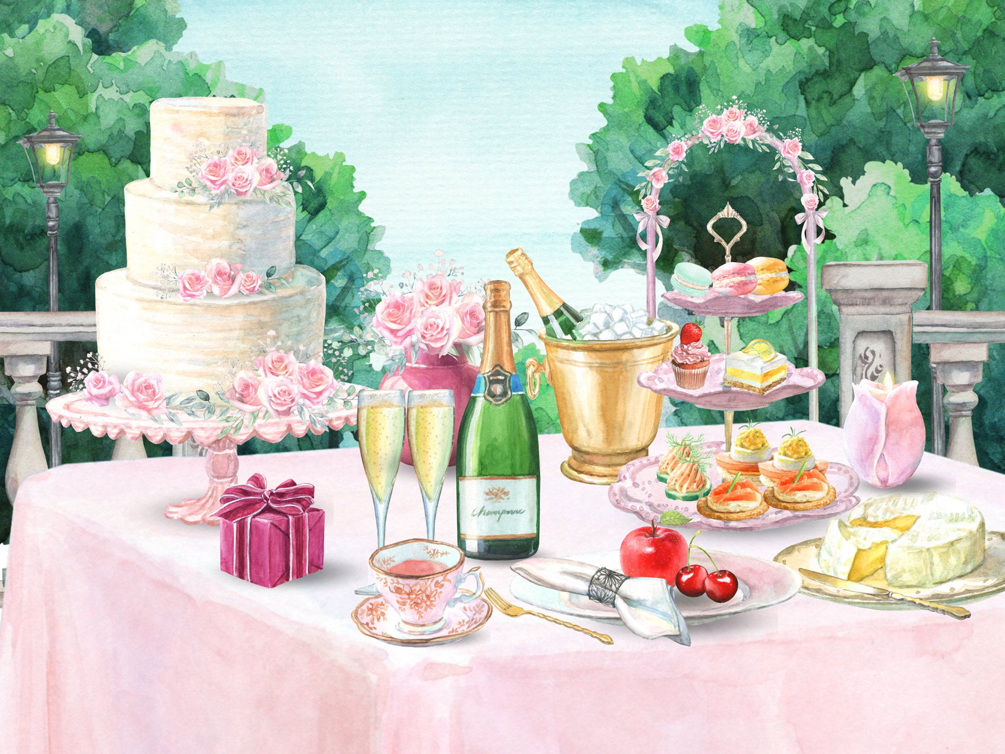 Watercolor Tea Party Clipart Pink Rose Tea Party Set Wedding - Etsy