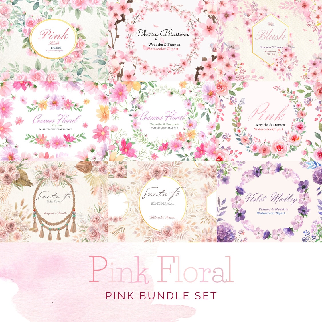 Watercolor Pink Floral Clipart Bundle Set. Pink Rose, Cosmos ...