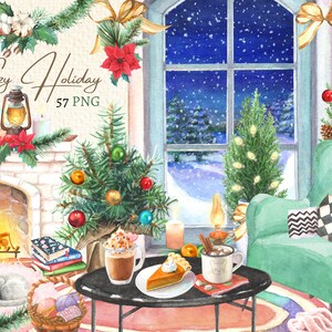 Watercolor Christmas Clipart Cozy Winter Holiday Home - Etsy