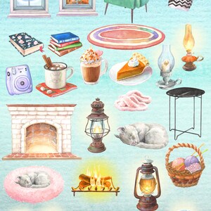 Watercolor Clipart, Cozy Winter Room, Home Decoration Clipart, Fire ...