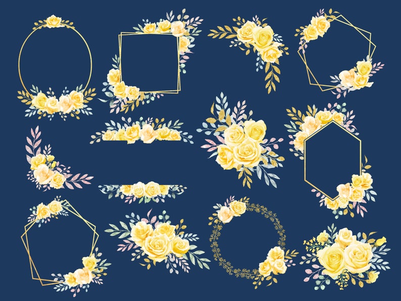 Watercolor Yellow Rose Clipart Gold Frames Gold and Silver | Etsy