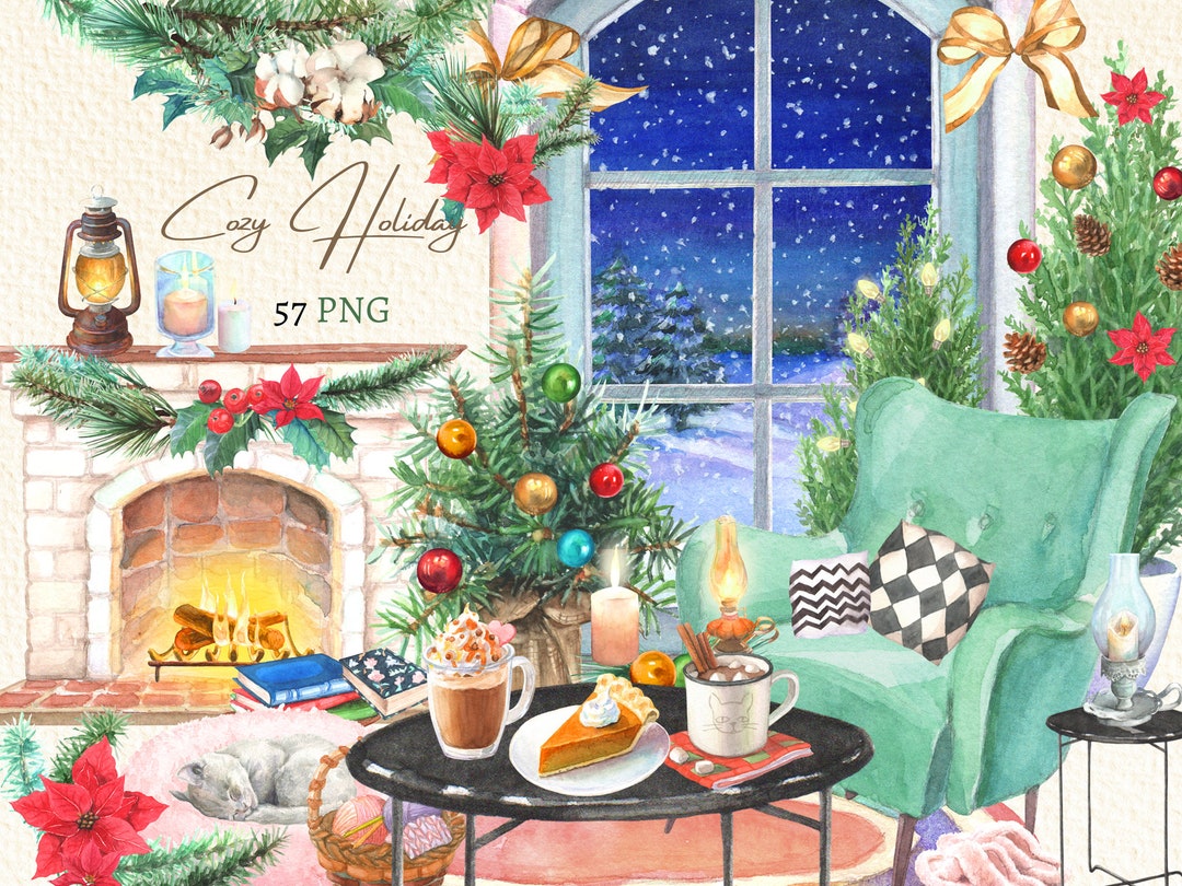 Watercolor Christmas Clipart, Cozy Winter Holiday Home, Christmas ...