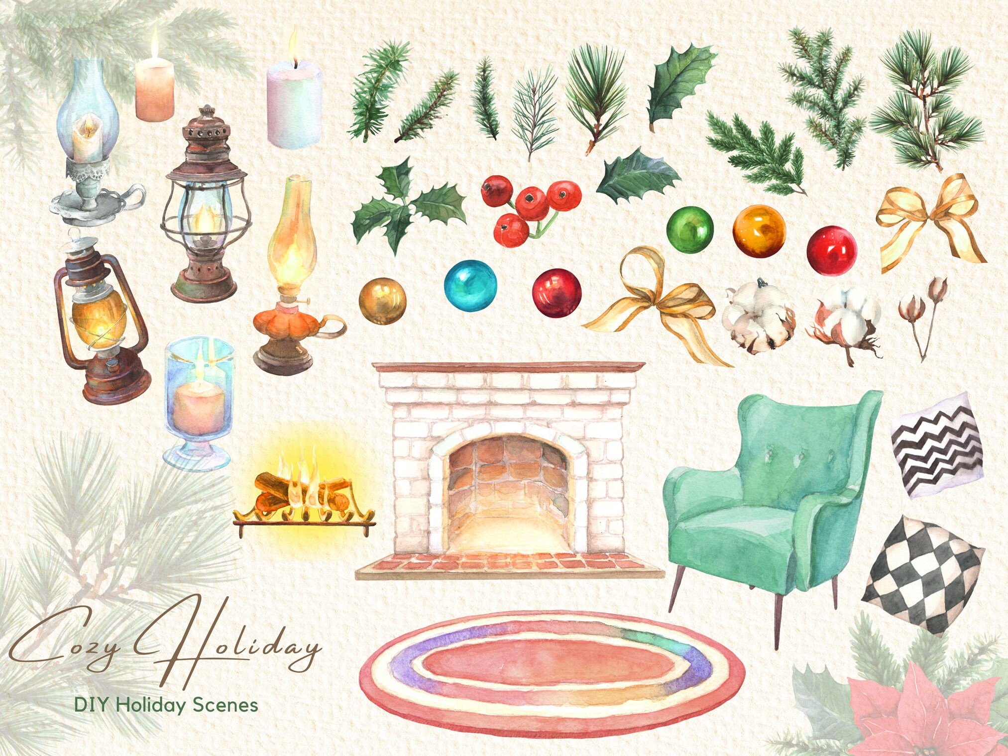 Watercolor Christmas Clipart Cozy Winter Holiday Home - Etsy